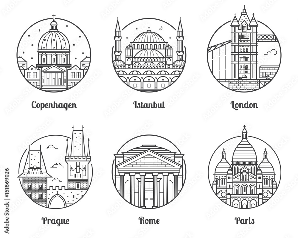 Main Europe cities icons including London, Rome, Prague, Istanbul ...