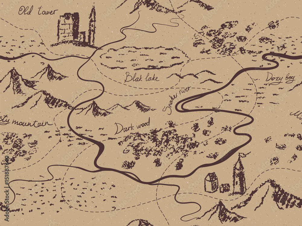 Aged fantasy vintage seamless map with mountains, buildings, trees ...