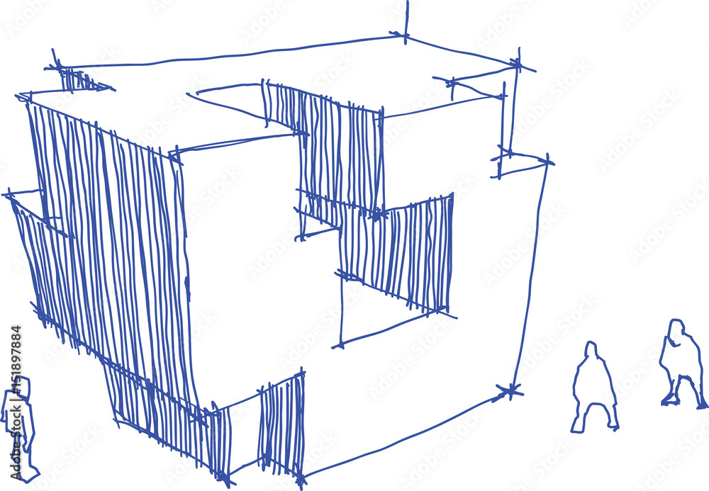 hand drawn architectural sketch of a modern building with people around ...