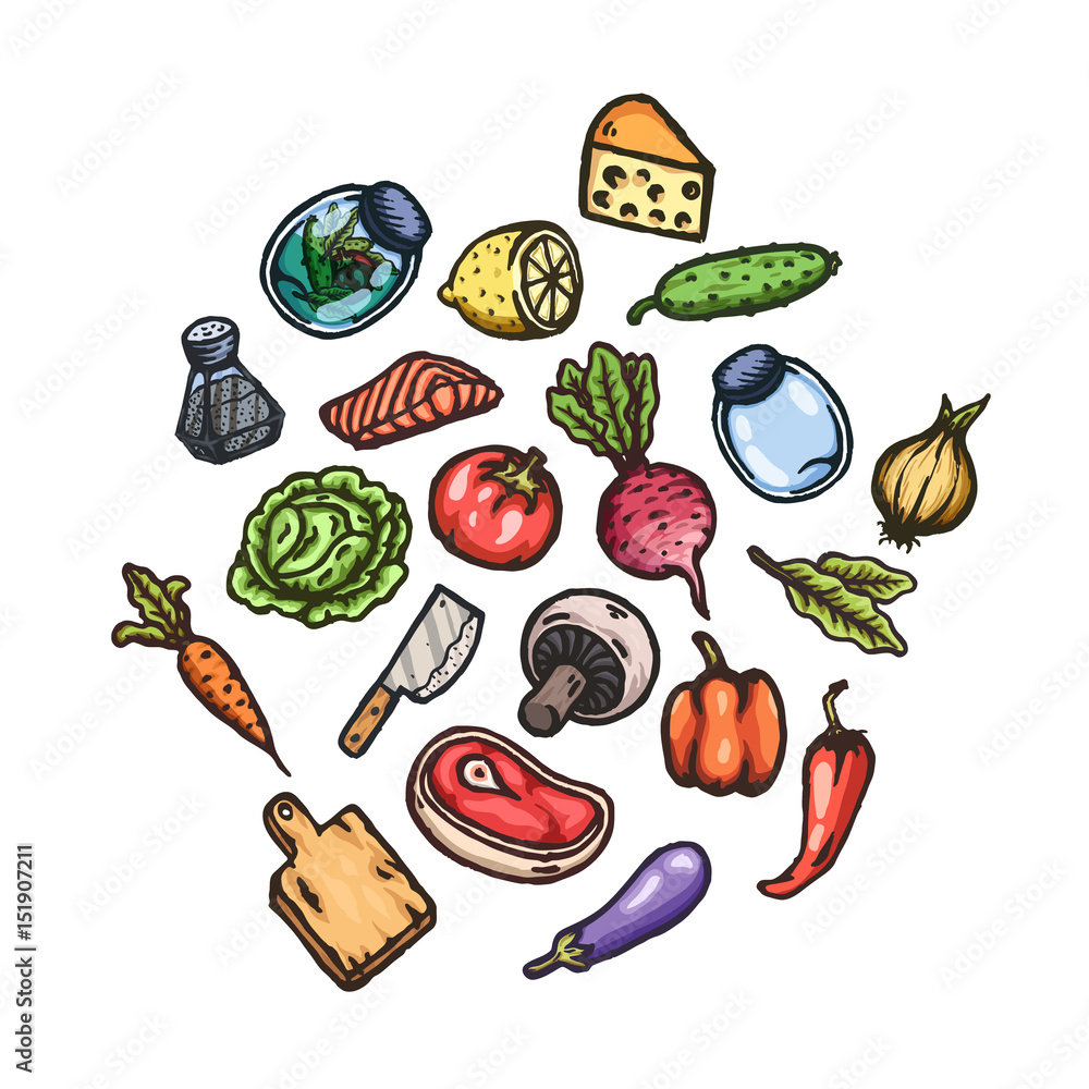 Set of hand drawn cartoon images of food and kitchen stuff. Stock ...