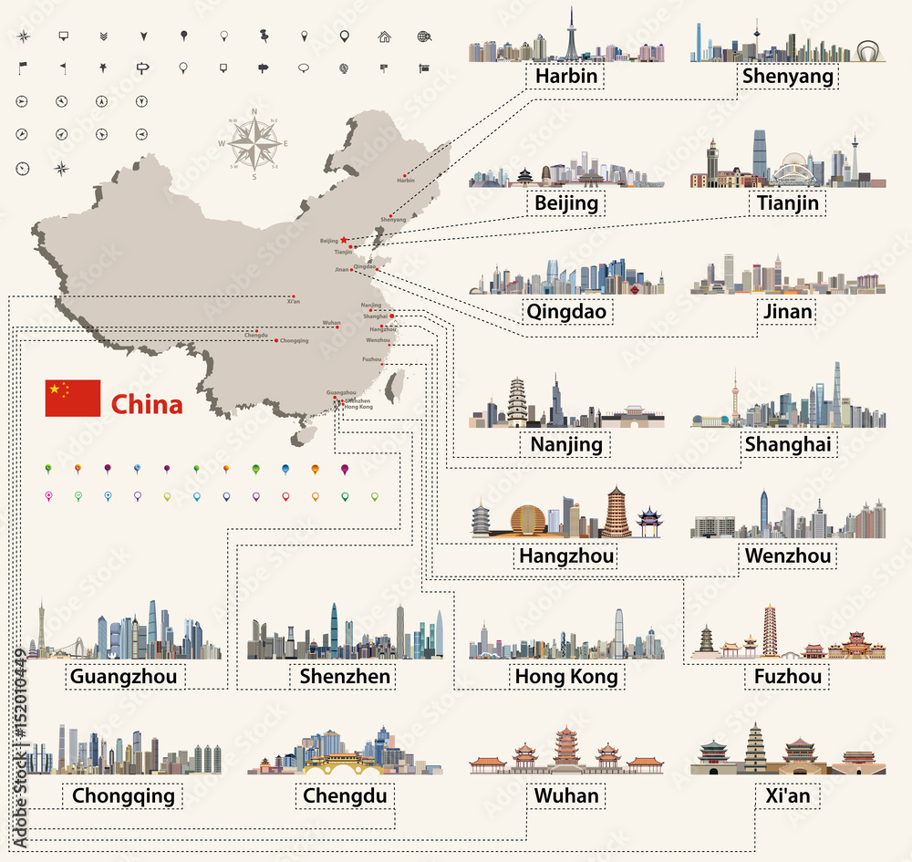 Poster China vector map with largest chinese cities skylines – Wall Art ...