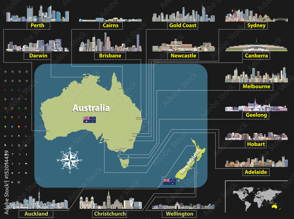 Australia and New Zealand vector map and flags with largest cities ...
