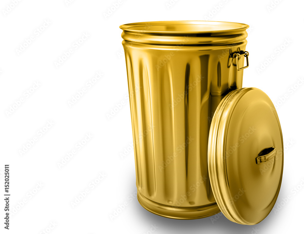 3d rendering of a bright and shiny golden opened trash can, isolated ...