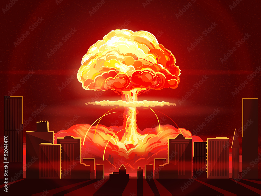 Nuclear explosion. Atomic bomb in the city. Symbol of nuclear war, end ...