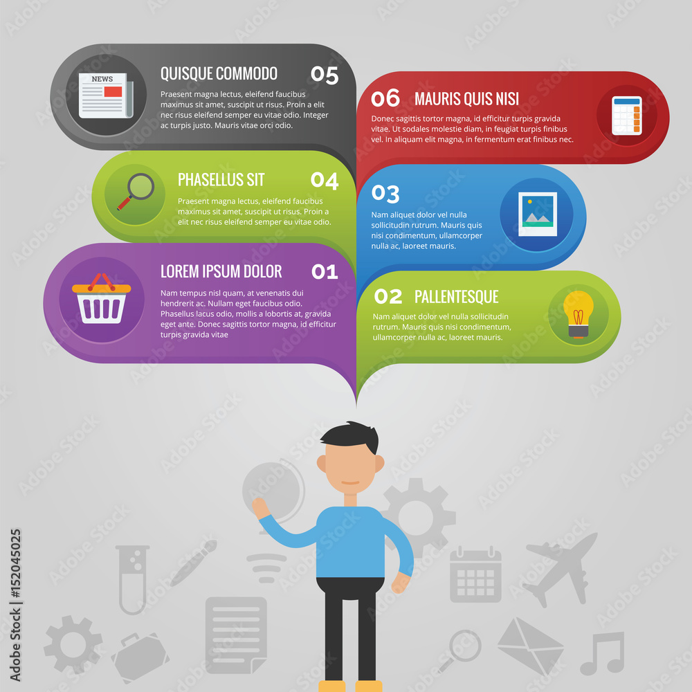 Infographic with a man and speech bubble about what he think Stock ...
