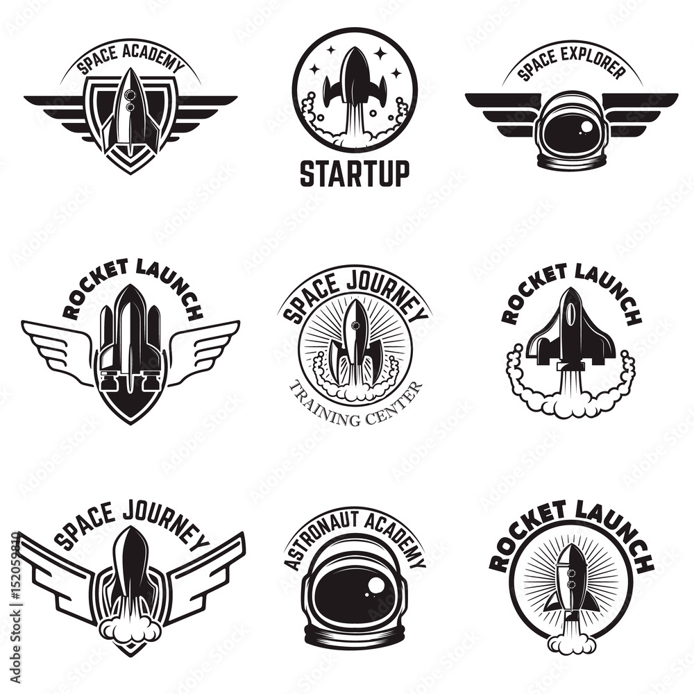 Set of Space labels. Rocket launch, astronaut academy. Design elements ...
