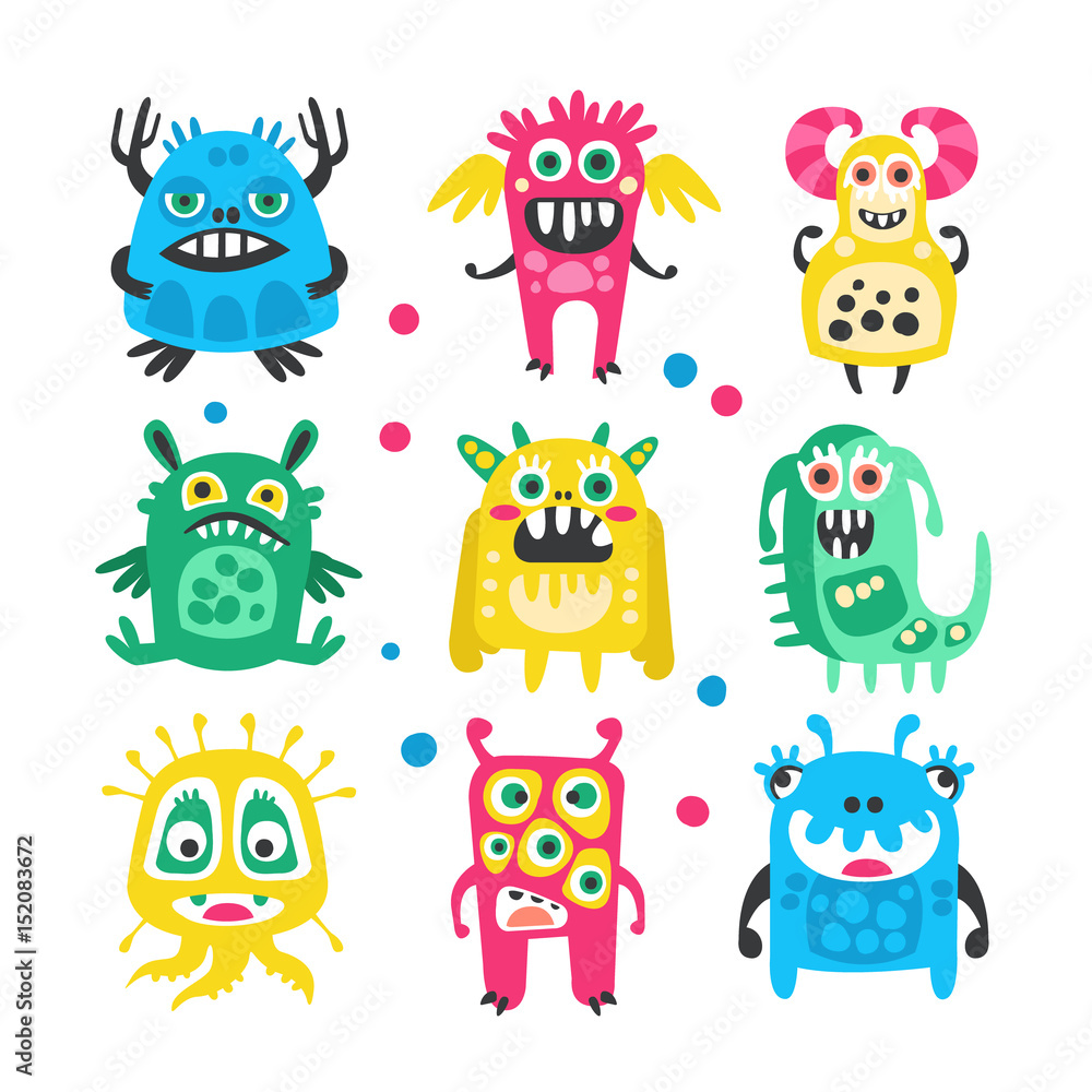 Cartoon cute funny monsters, aliens and bacterias set. Colorful ...