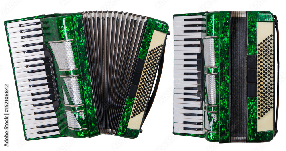 classic musical instrument an accordion in green color isolated on ...