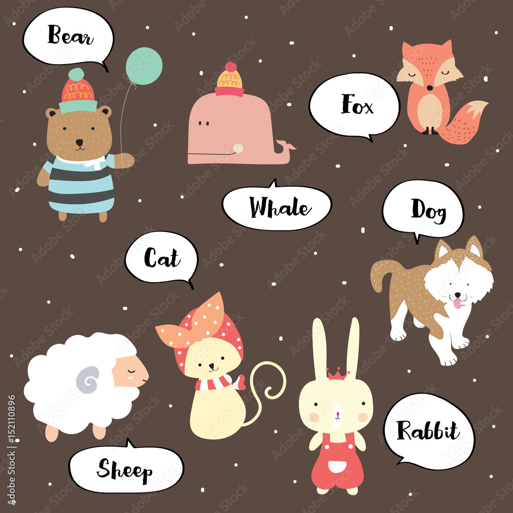 Cute vocabulary with bear,whale,fox,cat,dog,sheep and rabbit Stock ...