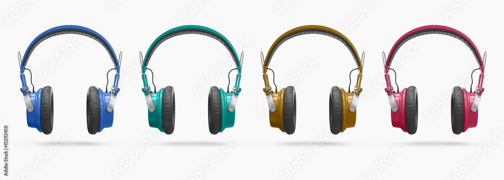 Collage of wireless headphones different colors isolated on white ...