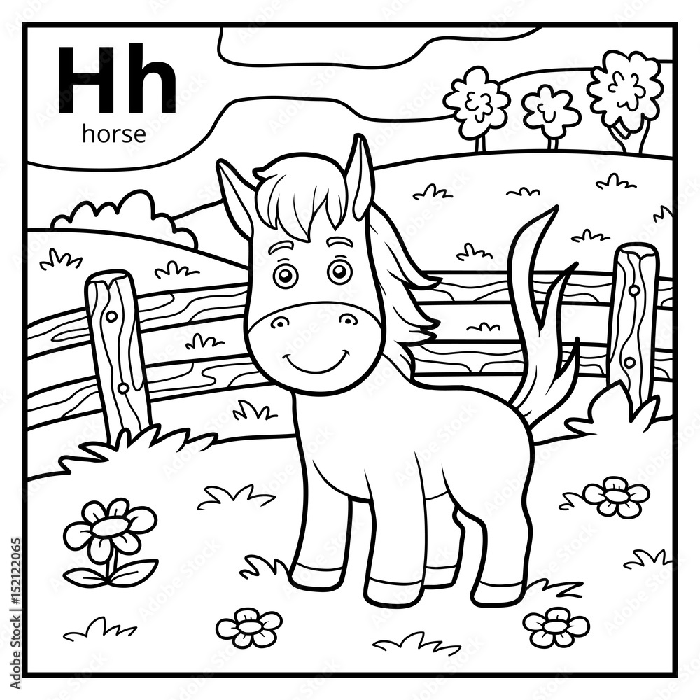 Coloring book, colorless alphabet. Letter H, horse Stock Vector | Adobe ...