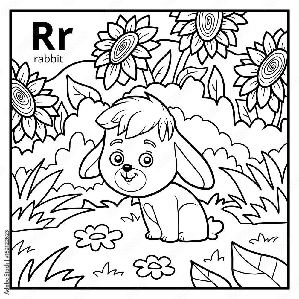Coloring book, colorless alphabet. Letter R, rabbit Stock Vector ...