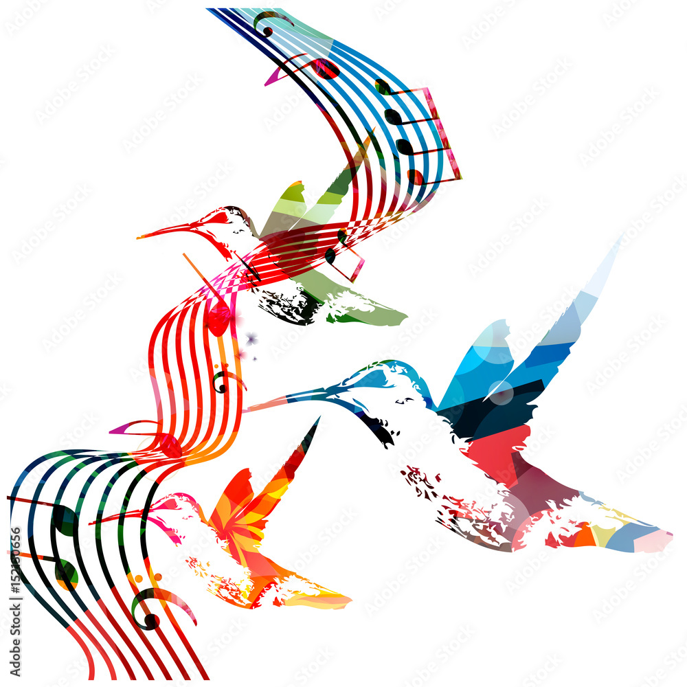 Music notes background. Colorful stave with music notes and birds ...