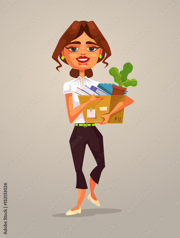 Happy smiling woman office worker character going to new job. Vector ...