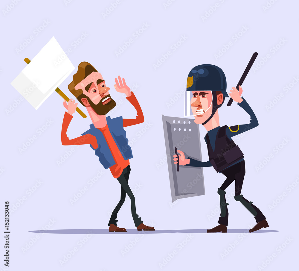 Angry police officer man character attacks protester. Vector flat ...