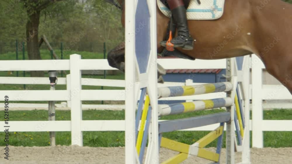 SLOW MOTION, CLOSE UP: Detail of horse legs jumping over colorful poles ...