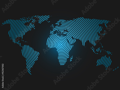 World map of concentric rings. Blue led light futuristic design on dark ...