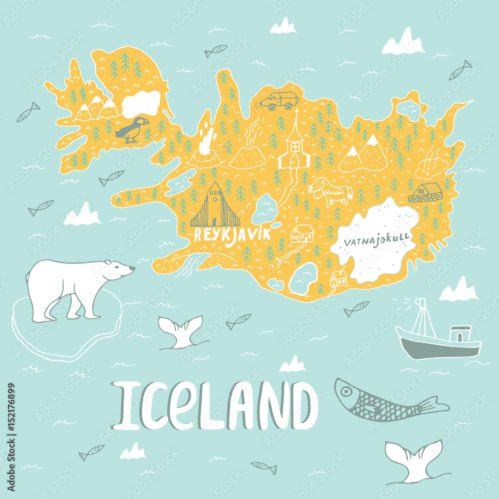 Iceland hand drawn cartoon map. Vector illustration with travel ...