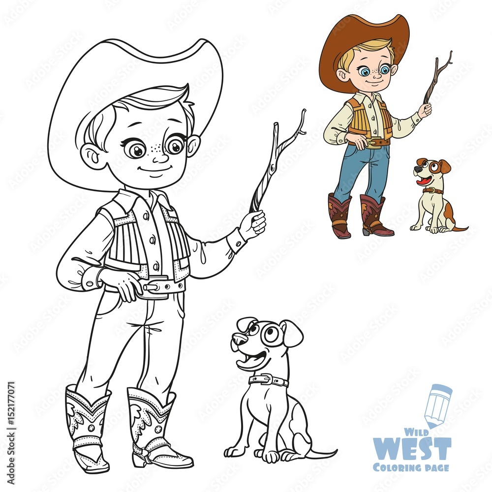Cute boy in cowboy costume play with dog coloring page on a white ...