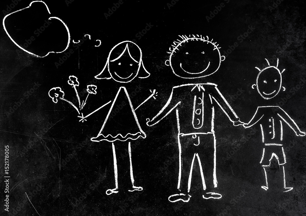 drawing with chalk on the black background of the family Stock ...