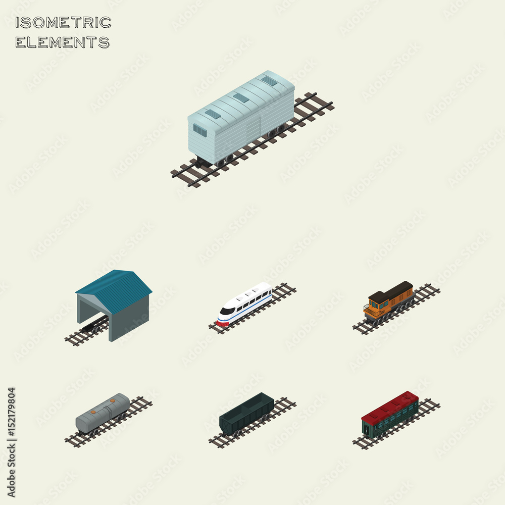 Isometric Train Set Of Carbon Railway Container, Railroad Carriage ...