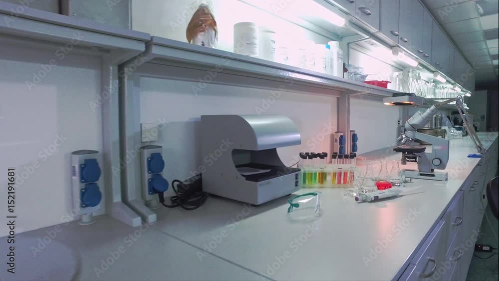 Pharmaceutical laboratory working place. Empty chemical lab. Laboratory ...