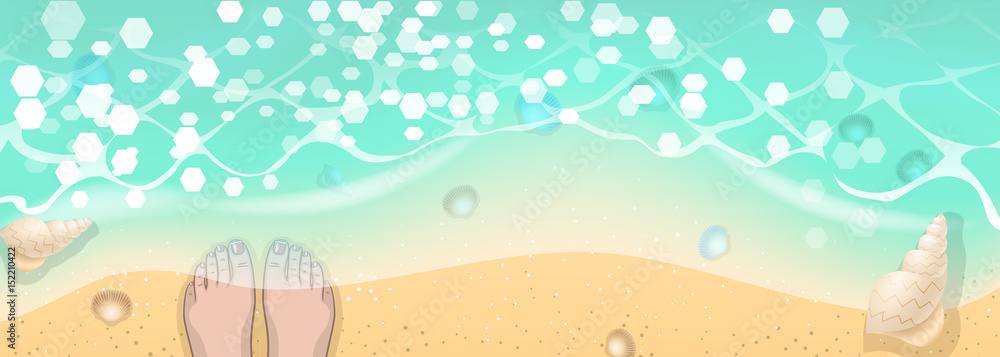 Hello summer time cartoon vector illustration top view. Woman feet ...