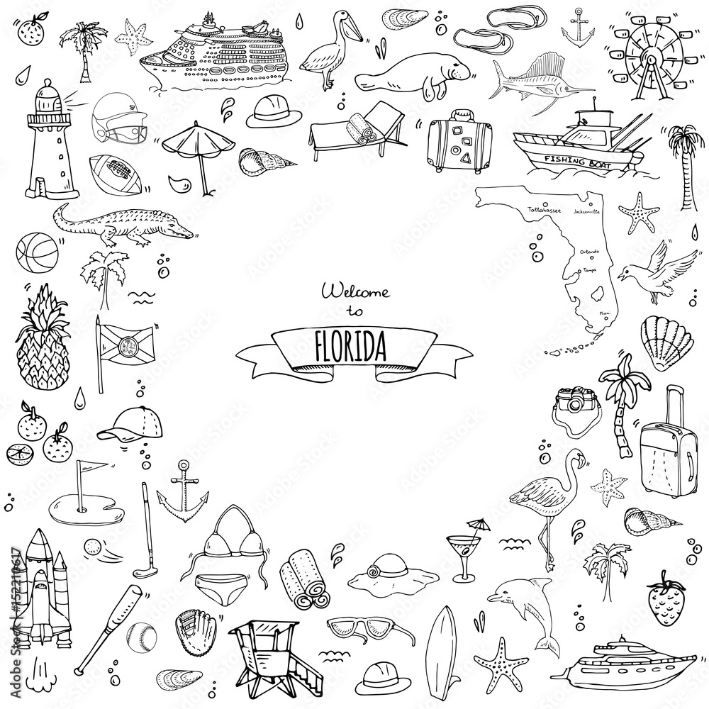 Hand drawn doodle Florida icons set. Vector illustration, isolated ...