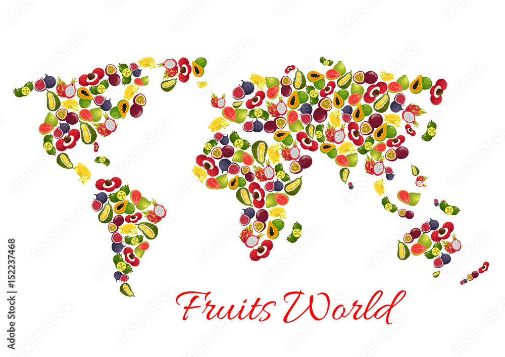 Exotic tropical fruits vector world map vector de Stock | Adobe Stock