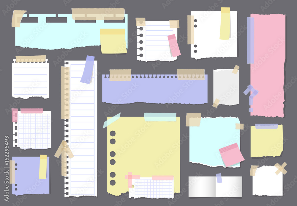 Paper banners with notes set attached with sticky colorful tape on grey ...
