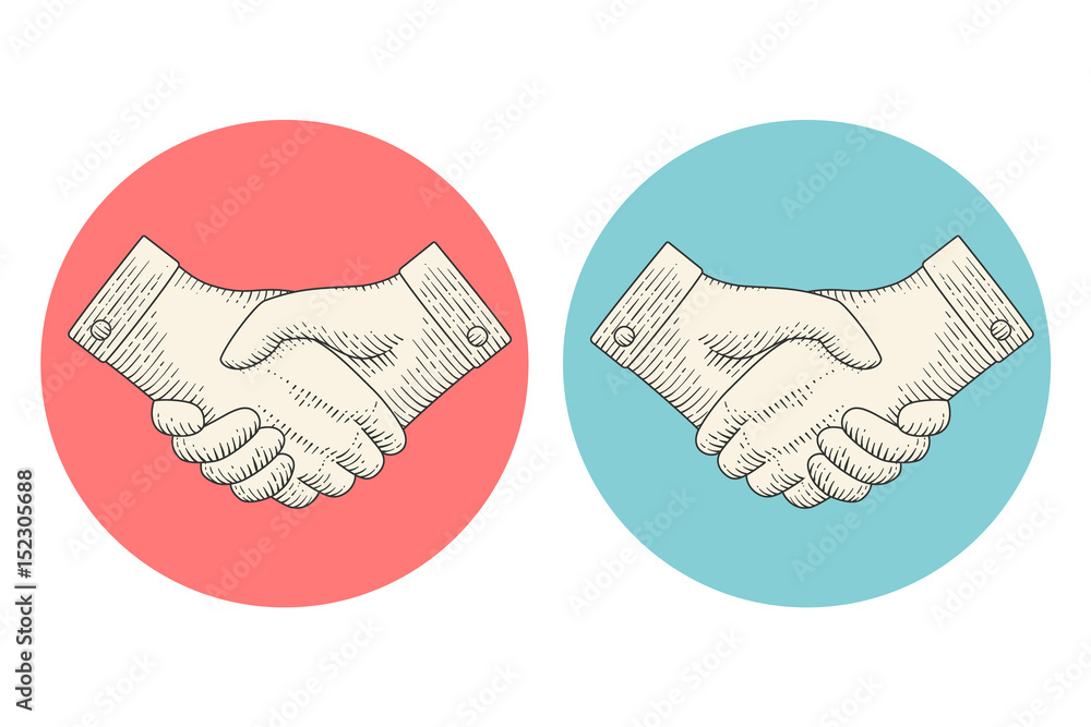Vintage drawing icons of handshake or contract agreement symbol in ...