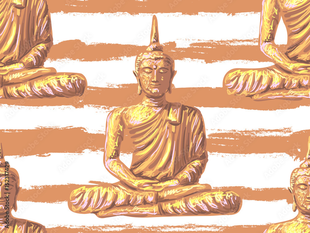 Seamless vintage hippie pattern with sitting Buddha. Thai god, yoga zen ...