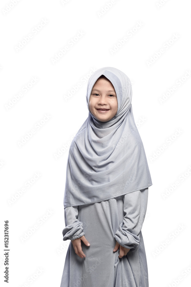 Little asian muslim girl in veil with smile standing Stock Photo ...