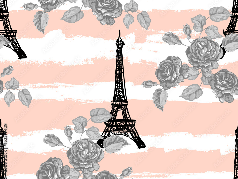 Seamless Paris pattern with Eiffel Tower and roses flowers. French ...