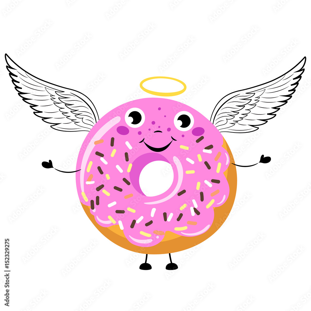 Cartoon Donut as angel with wings and nimbus. Vector isolated ...