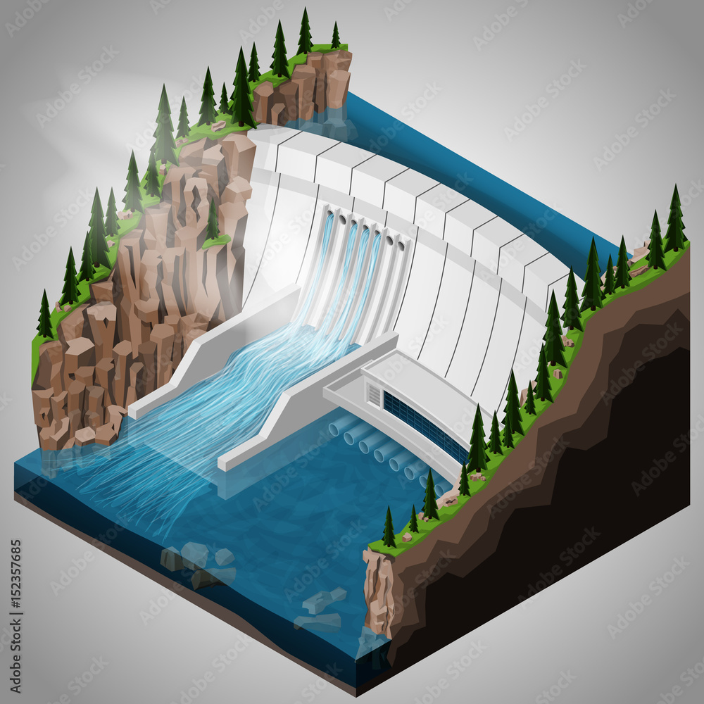 Vector isometric illustration of a river hydroelectric power station ...