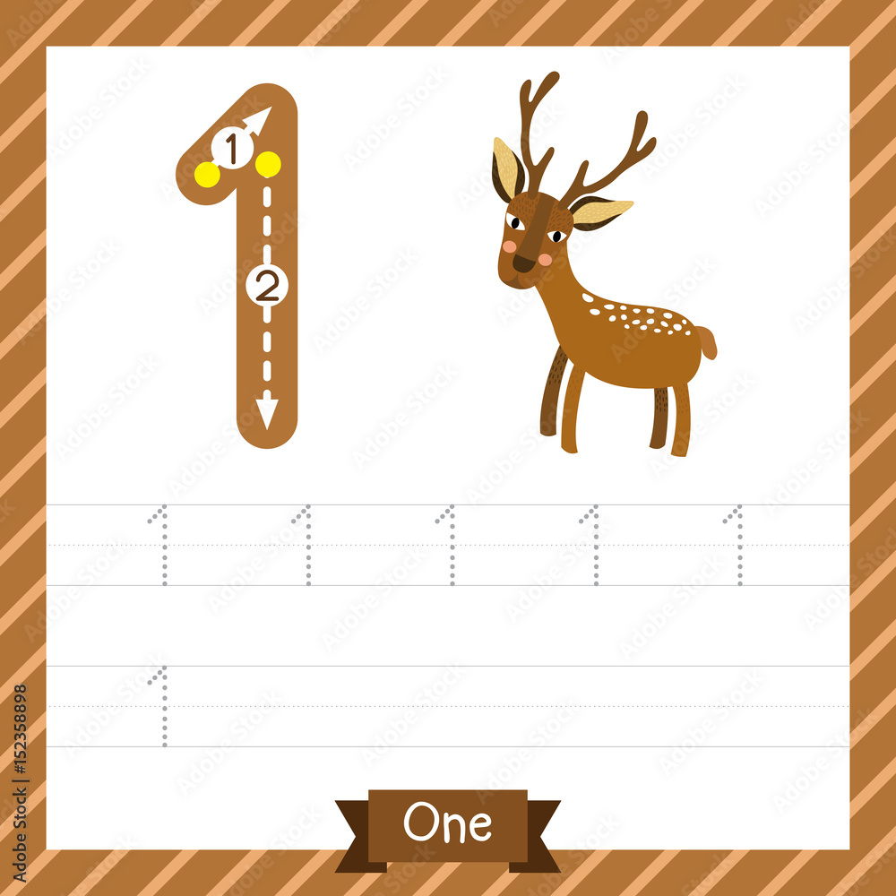 Number one tracing practice worksheet with 1 deer for kids learning to ...