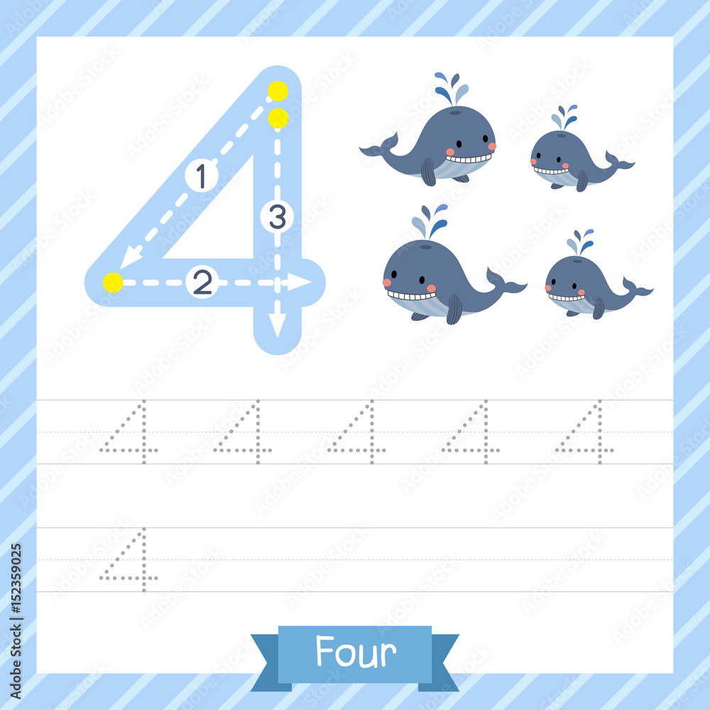 Number four tracing practice worksheet with 4 whales for kids learning ...
