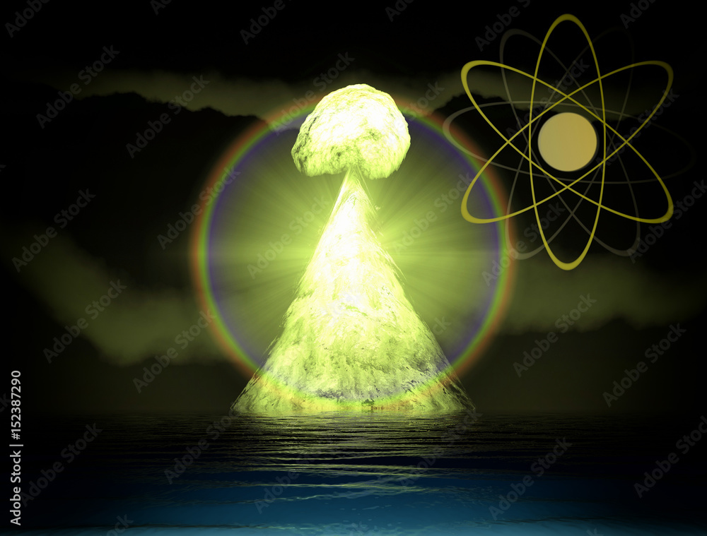 Nuclear explosion with symbol of atomic energy 3d rendering Stock ...