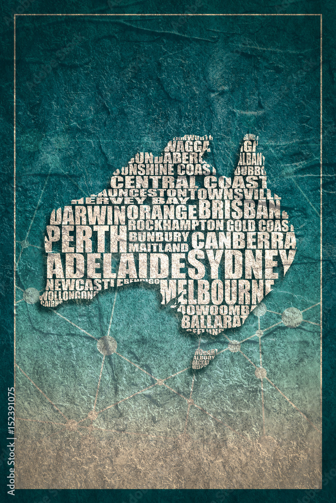 Map of Australia made from cities list. Gradient grunge background ...