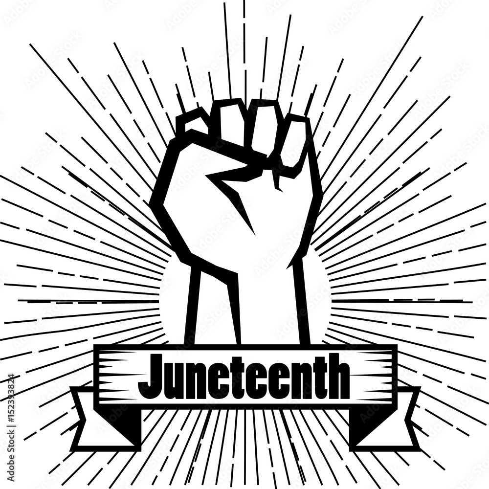 Hand drawn raised fist and juneteenth sign over white background ...