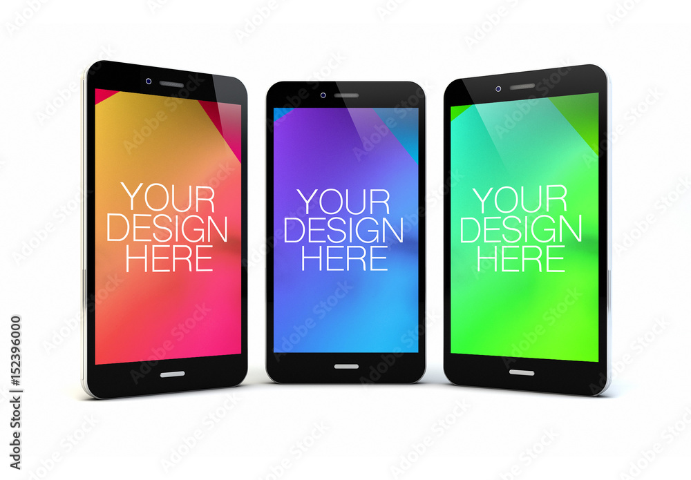 3 Isolated Smartphones on White Mockup 1 Stock Template | Adobe Stock
