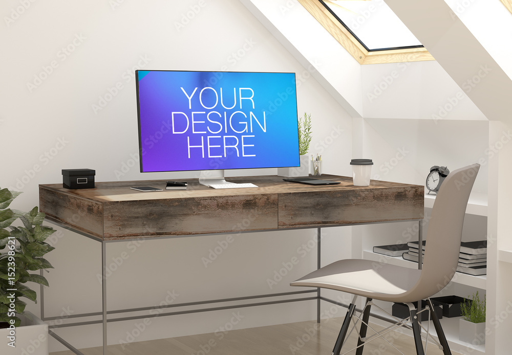 Computer on Desk in Home Office Mockup Stock Template | Adobe Stock