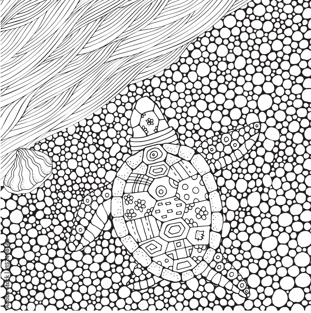 Coloring book page for adult and children. Turtle crawls to the water ...