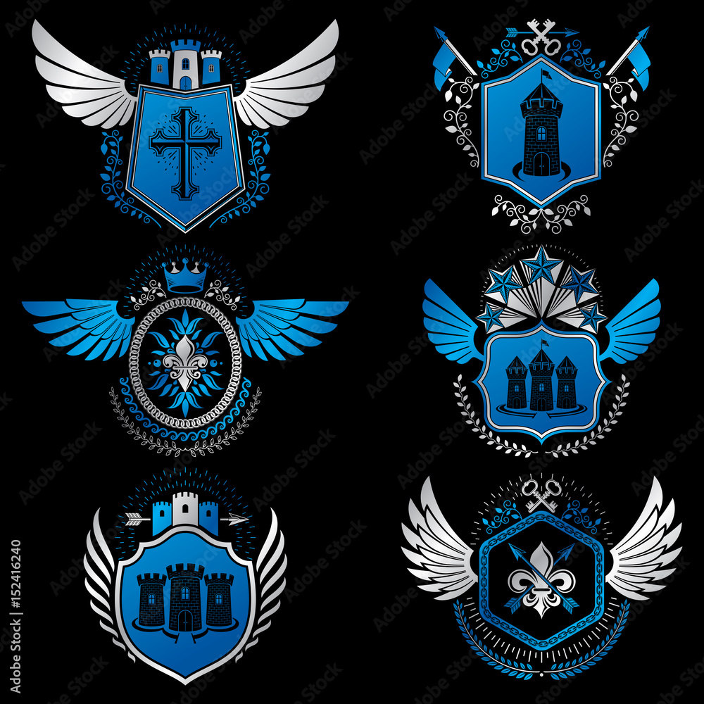 Heraldic emblems with wings isolated on white backdrop. Collection of ...