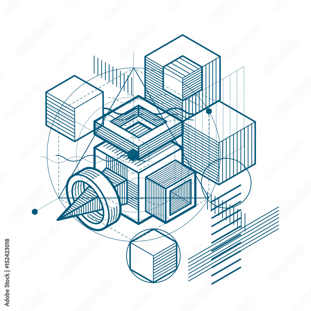 Isometric abstract background with lines and other different elements ...