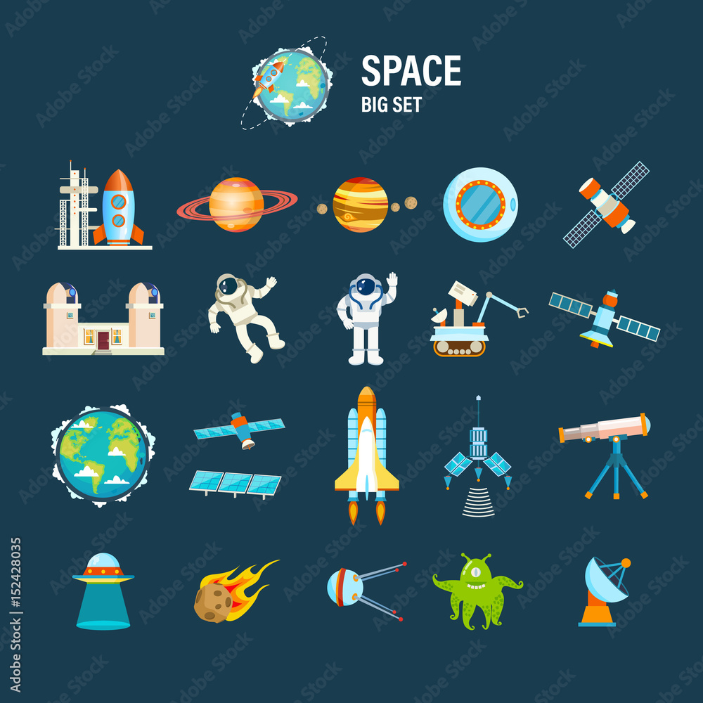 Set on space theme, including transport, planets and related objects ...