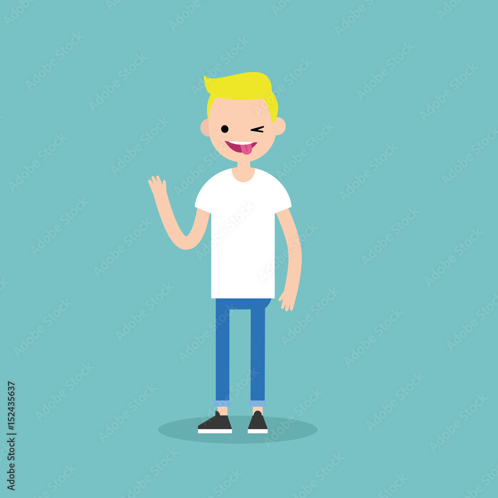 Winking blond boy sticking out tongue. Emotional cartoon character ...