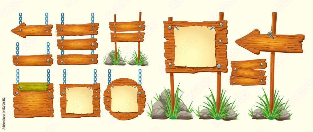 Set of vector cartoon illustrations wooden signs various forms ...