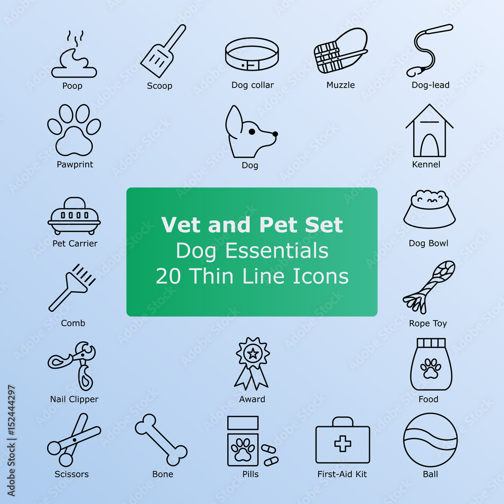 Simple linear dog essentials pictograms. Set of pet icons in trendy ...